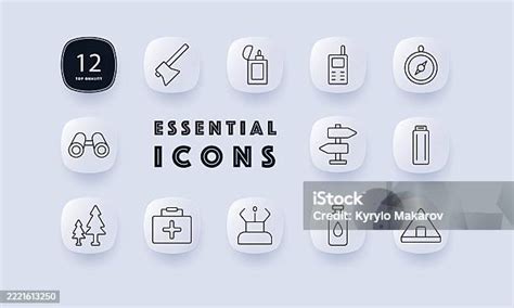 야외 탐험 세트 아이콘입니다 쌍안경 나침반 구급 상자 및 나무 캠핑 하이킹 및 야외 모험 장비를 나타내는 아이콘 0명에 대한 스톡 벡터 아트 및 기타 이미지 Istock