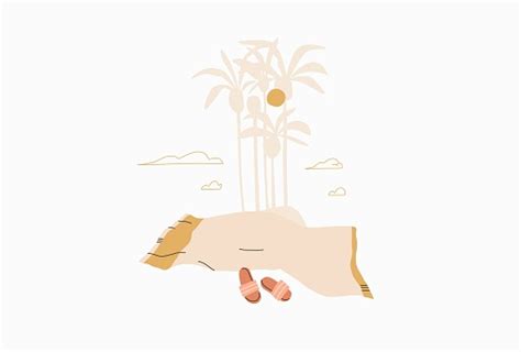 손으로 그린 벡터 추상 적 주식 그래픽 여름 시간 만화 미니멀 한 라인 아트 일러스트 프린트 아름다운 보헤미안 비치 타월과 햇볕이 잘 드는 열대 야자 섬은 흰색 배경에 가득