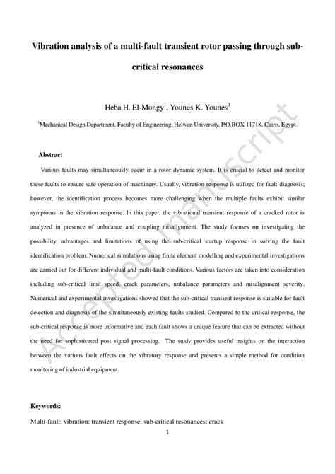 Pdf Vibration Analysis Of A Multi Fault Transient Rotor Passing Through Sub Critical Resonances