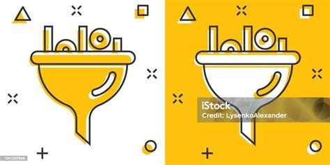 만화 스타일의 아이콘을 필터링합니다 흰색 고립 된 배경에 깔때기 만화 벡터 그림 화학 콘 스플래시 효과 비즈니스 개념 교통 체증에 대한 스톡 벡터 아트 및 기타 이미지