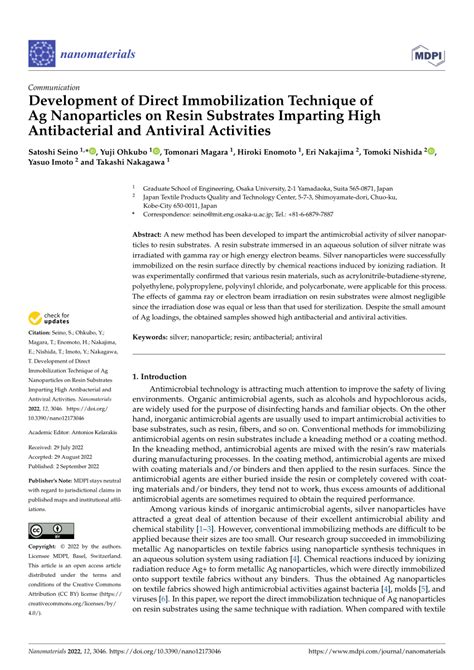 Pdf Development Of Direct Immobilization Technique Of Ag Nanoparticles On Resin Substrates