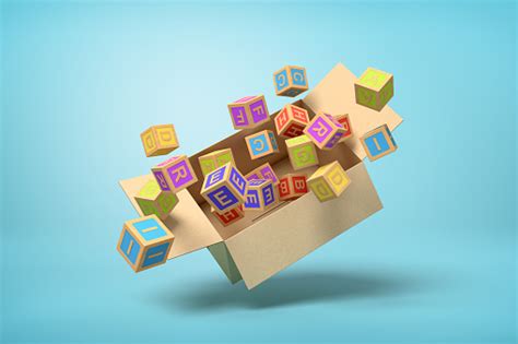 밝은 파란색 배경에 공중에 Abc 블록의 전체 골판지 상자의 3d 렌더링 더미에 대한 스톡 사진 및 기타 이미지 더미
