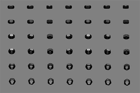 회색 귀여운 산업 3d 그림에 고립 된 다른 각도로 회전 하는 검은 나사 너트의 많은 어떤 사용을 위한 이미지 3차원 형태에 대한 스톡 사진 및 기타 이미지 Istock