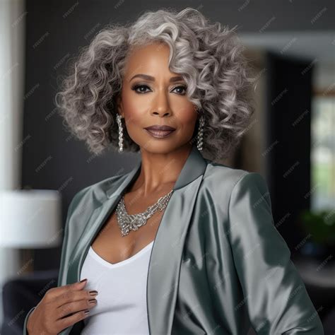 Portrait Of Gorgeous Mature Black Woman Looking Luxurious With Gray Hair Style Wearing A Classy