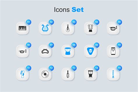 아프리카 타악기 드럼 탬버린 고대 그리스 거문고 기타 넥 플루트 콩가 드럼 음악 신디사이저 및 Darbuka 아이콘을 설정합니다