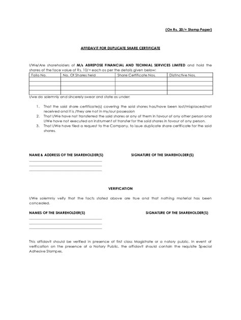 Fillable Online Affidavit For Duplicate Share Certificate Fax Email