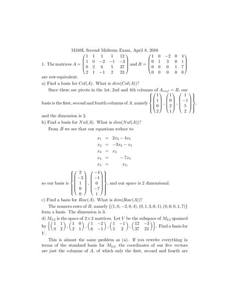 Second Midterm Exam Questions Matrices And Matrix Calculus M 340l