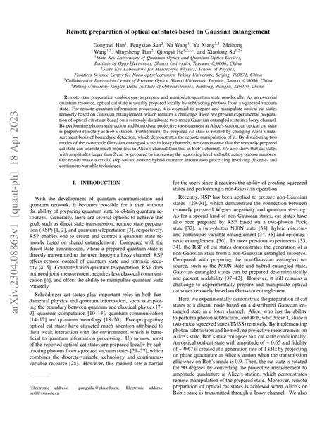 Pdf Remote Preparation Of Optical Cat States Based On Gaussian Entanglement