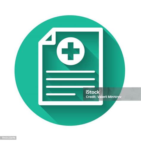 긴 그림자와 고립 된 임상 기록 아이콘 화이트 의료 클립 보드 건강 보험 양식 문서 처방전 의료 확인 표시 보고서 녹색 원 버튼을 클릭 합니다 벡터 일러스트 0명에 대한
