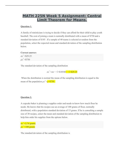Math 225n Week 5 Assignment Central Limit Theorem For Means Verified Questions With Correct