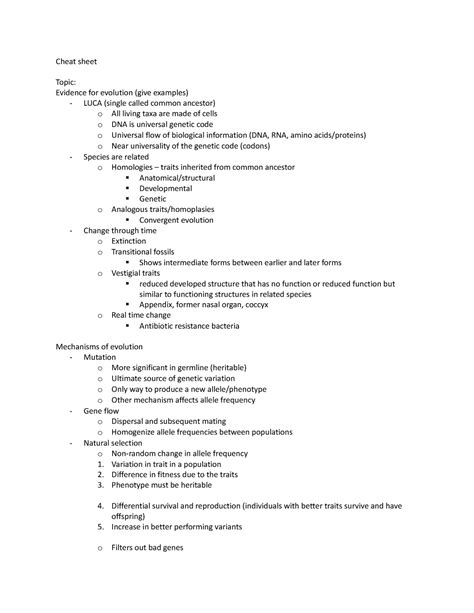 Bio 121 Midterm 2 Cheatsheet Cheat Sheet Topic Evidence For Evolution Give Examples Luca