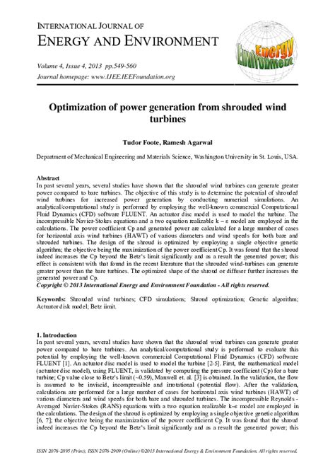 Pdf Optimization Of Power Generation From Shrouded Wind Turbines