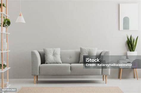 화이트 간단한 거실 인테리어에 회색 소파 옆 공장 장 위의 포스터 실제 사진 소파에 대한 스톡 사진 및 기타 이미지 소파