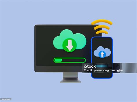 3d 최소 무선 공유 데이터 온라인 무선 기술 개념입니다 다운로드 화면이있는 Pc와 업로드 화면이있는 스마트 폰 3d 그림입니다 0명에 대한 스톡 사진 및 기타 이미지