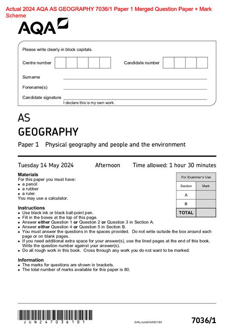 Actual 2024 Aqa As Geography 7036 1 Paper 1 Merged Question Paper