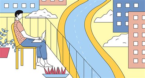 원격 작업 및 자체 격리 개념 용 크리에이티브 소년 프리랜서 는 집에서 발코니에 앉아 노트북에 입력 사람이 원격으로 작업하고 있습니다 만화 선형 윤곽선 플랫 스타일 벡터