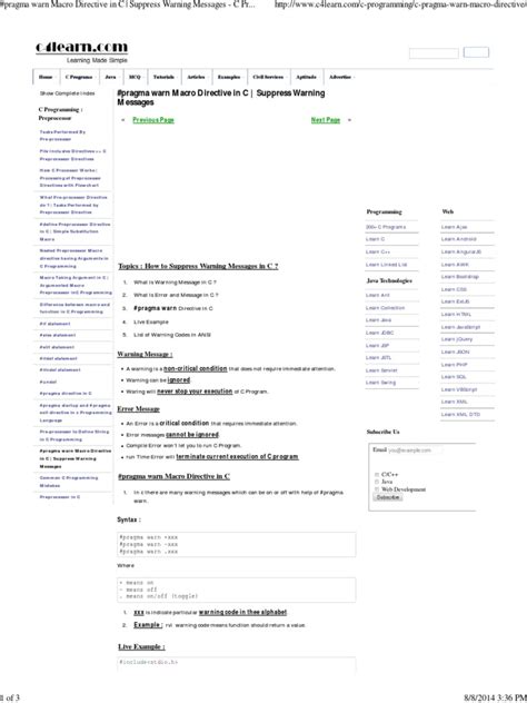 Pragma Warn Macro Directive In C Suppress Warning Messages C Programming C4learn Pdf