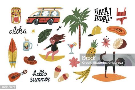 하와이 또는 괌 제도세트의 귀여운 여름 방학 서핑 보드 야자수 서퍼 우쿨렐레 꽃 재미있는 레터링 및 다양한 해변 휴가 액세서리가있는 복고풍 버스 만화에 대한 스톡 벡터 아트