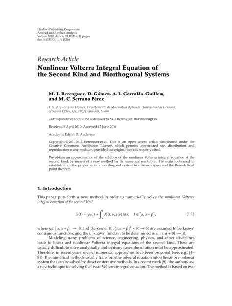 Pdf Nonlinear Volterra Integral Equation Of The Second Kind And Biorthogonal Systems