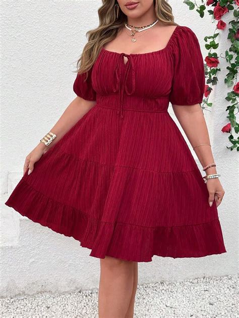 Shein Curve Plus Size Solid Color Square Neck Cinched Waist A Line