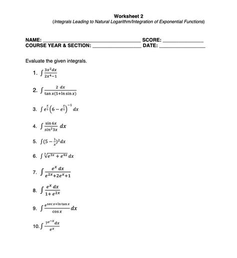 Solved Worksheet 2 Integrals Leading To Natural