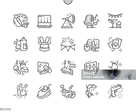 엔터테인먼트 잘 만들어진 픽셀 완벽 한 벡터 선 아이콘 30 2 그리드 웹 그래픽 및 애플 리 케이 션에 대 한 X 간단한 최소한의 그림 3차원 형태에 대한 스톡 벡터 아트