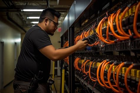 technician installing server rack mounted cable trays premium ai