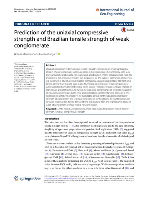 Pdf Prediction Of Uniaxial Compressive Strength And Elasticity Modulus Of Conglomerate Samples