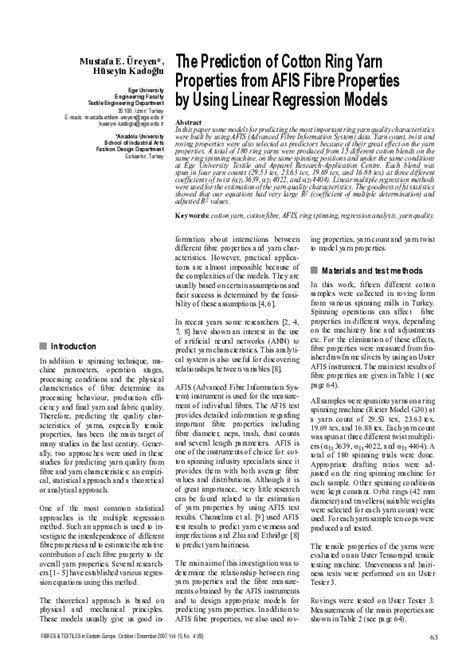 Pdf The Prediction Of Cotton Ring Yarn Properties From Afis Fibre