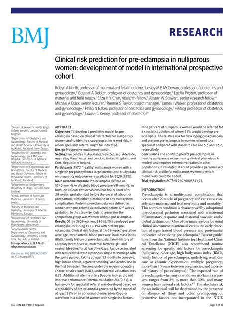 Pdf Clinical Risk Prediction For Pre Eclampsia In Nulliparous Women