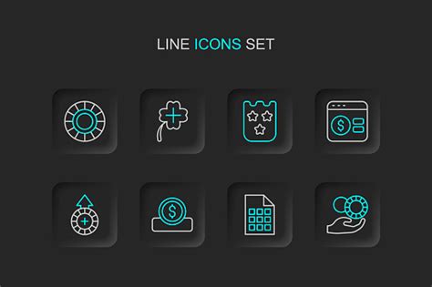 세트 라인 핸드 홀딩 카지노 칩 복권 달러와 동전 돈 카지노 온라인 포커 테이블 게임 슬롯 머신 클로버 및 아이콘 벡터 가능성에 대한 스톡 벡터 아트 및 기타 이미지