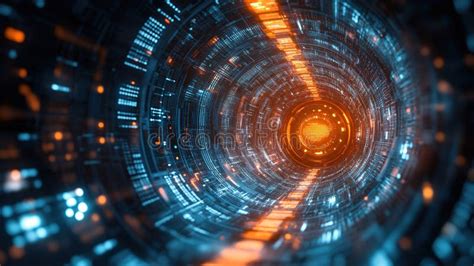 Futuristic Tunnel Digital Data Stream Glowing Orange Path Background Blur Tech Concept Stock