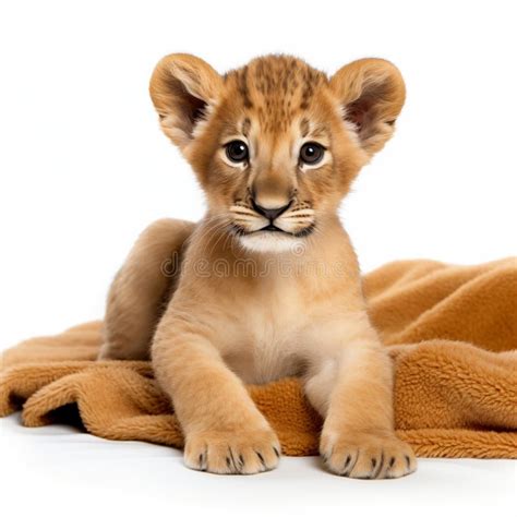 Cute Lion Cub Laying On Brown Fleece Blanket On White Background Stock