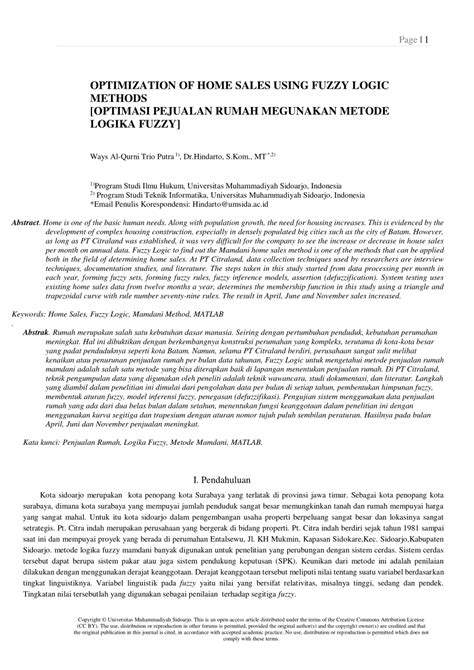 Pdf Home Sales Optimization Using Fuzzy Logic Methods Optimasi