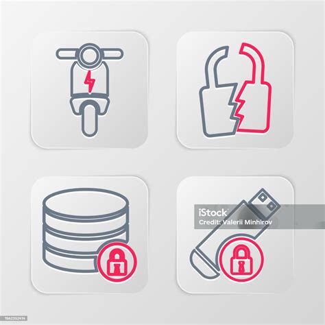 잠금 장치 서버 보안 깨지거나 금이 간 및 전기 스쿠터 아이콘이있는 라인 Usb 플래시 드라이브를 설정합니다 벡터 Usb 케이블에 대한 스톡 벡터 아트 및 기타 이미지