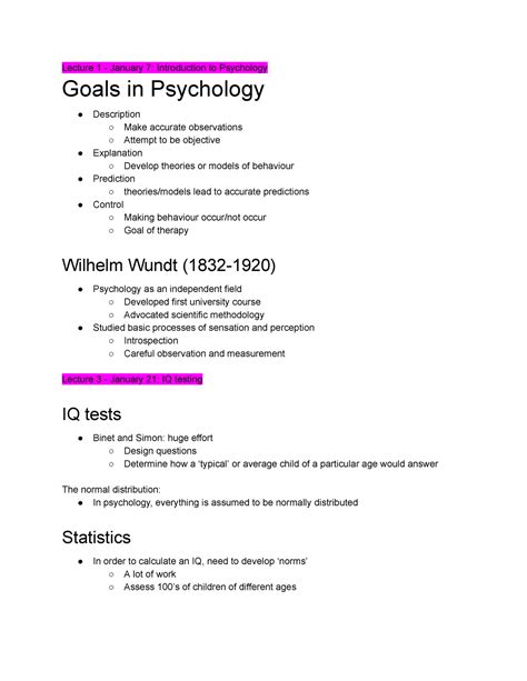 Psyc 1030h Psychology First Year Class Lecture Notes Lecture 1 January 7 Introduction To