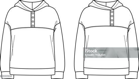 벡터 여성 스웨트 셔츠 패션 Cad 긴 소매 후드 스웨트 셔츠 버튼 기술 도면 템플릿 스케치 플랫 양털 또는 짠 직물 스웨트 셔츠 앞 뒤보기 흰색 색상 0명에 대한 스톡