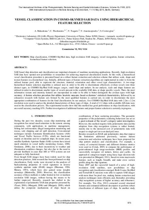 Pdf Vessel Classification In Cosmo Skymed Sar Data Using Hierarchical Feature Selection
