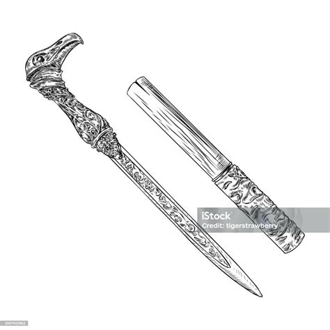 블랙 일 문신 예술 손 그려진된 조각 스타일 중세 칼 단 검 살 바디 아트에 대 한 빈티지 커팅된 골동품 무기를 스케치 합니다 벡터입니다 강철에 대한 스톡 벡터 아트 및