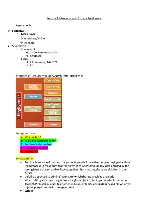 Lecture 1 Intro To Tort Notes Lecture 1 Introduction To Tort And Negligence Assessment