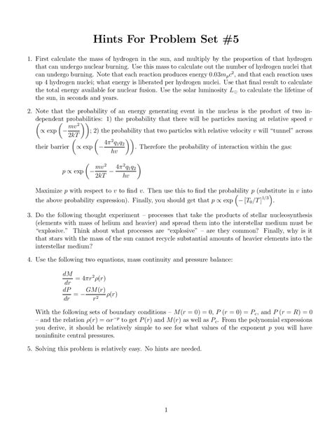 Hints For Problem Set 5 Introduction To Astrophysics I Astr 2110