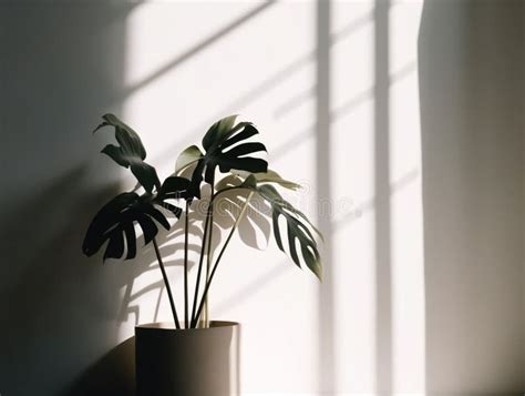 Minimalist Shadow From Monstera On The White Wall As Background For Banner Office Plant Decor