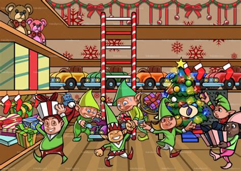 Elves Making Toys At Santas Workshop Cartoon Scene Friendlystock