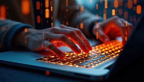 Person Types On Laptop Keyboard Glowing With Orange Light Digital Data Streams Around Hands