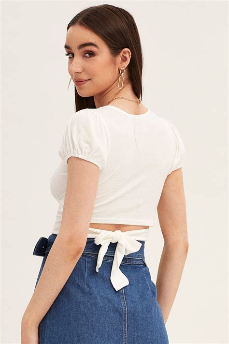 White Top Deep V Neck Puff Sleeve Ally Fashion