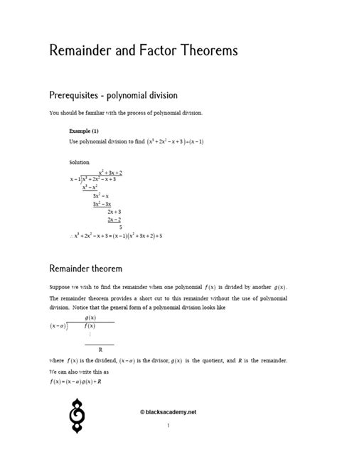 Remainder And Factor Theorems Pdf