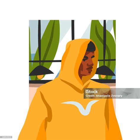 흰색 배경에 고립 된 패션 의상에 젊은 행복한 흑인 아프리카 계 미국인 아름다움 남자와 손으로 그린 벡터 추상 주식 그래픽 그림