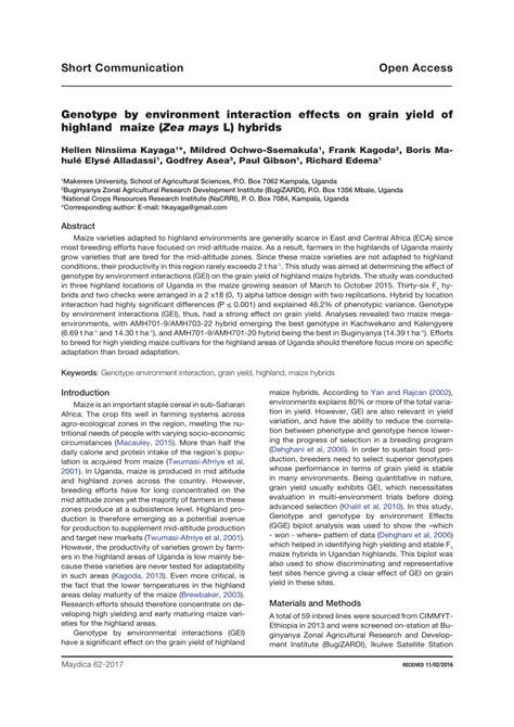 Pdf Genotype By Environment Interaction Effects On Grain Yield Of Highland Maize Zea Mays L
