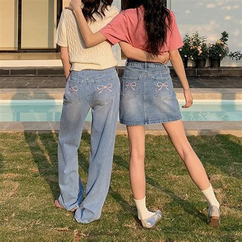 핑크브라이드 백포켓 리본 자수 미니 데님스커트 데님 청바지