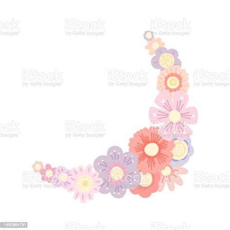 파스텔 색상의 벡터 꽃 반원형 프레임과 복사 공간 순진한 섬세한 꽃으로 만든 둥근 테두리와 텍스트를위한 장소 꽃 식물에 대한 스톡 벡터 아트 및 기타 이미지 Istock